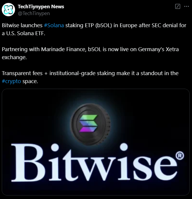 Bitwise Launches Solana Staking ETP In Europe Amid US Approval Delays